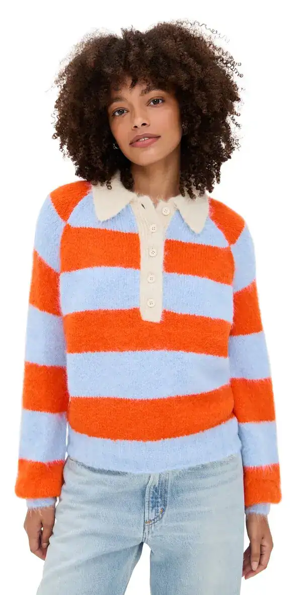 The Tiny Big Sister Striped Knit Polo - Washed Blue/Summer Red | Editorialist